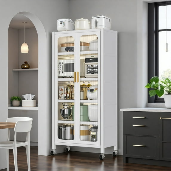 Wooden Sideboards 65" Kitchen Pantry Storage Cabinet, 6 Tier Metal ...