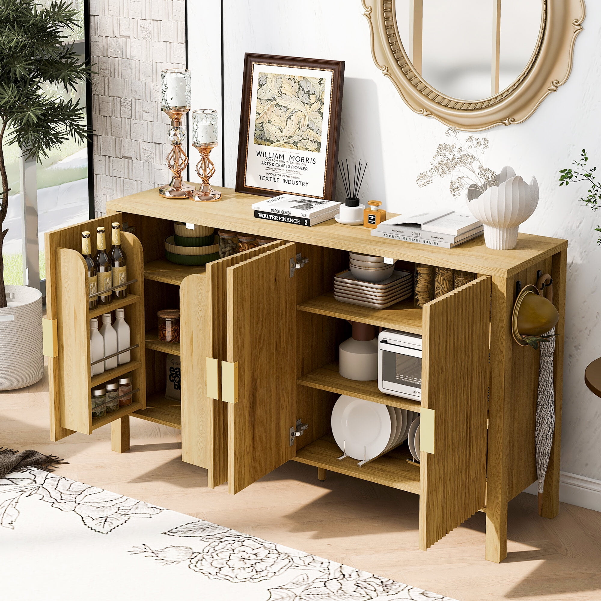 Wooden Sideboards U_STYLE Modern 57.5" Stripe Door Storage Cabinet, 4 ...