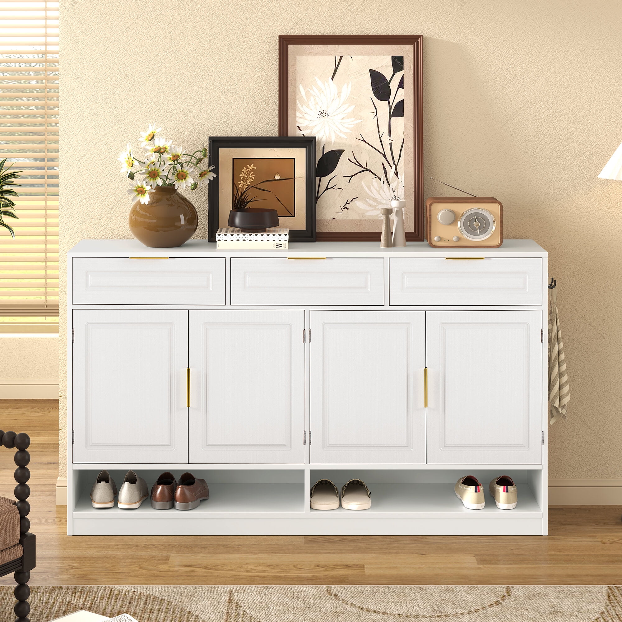 Wooden Sideboards U-Style Farmhouse Sideboard with 3 Drawers & 4 Doors ...