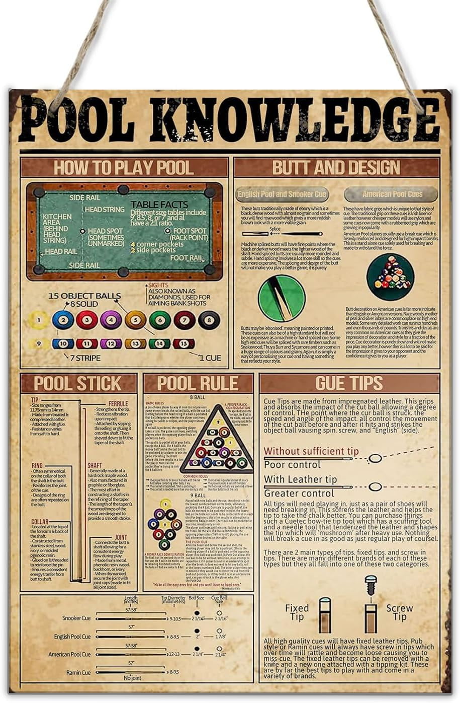 Wooden Sign 8x10 Inch Pool Knowledge Wood Sign Billiards Pool Rules ...