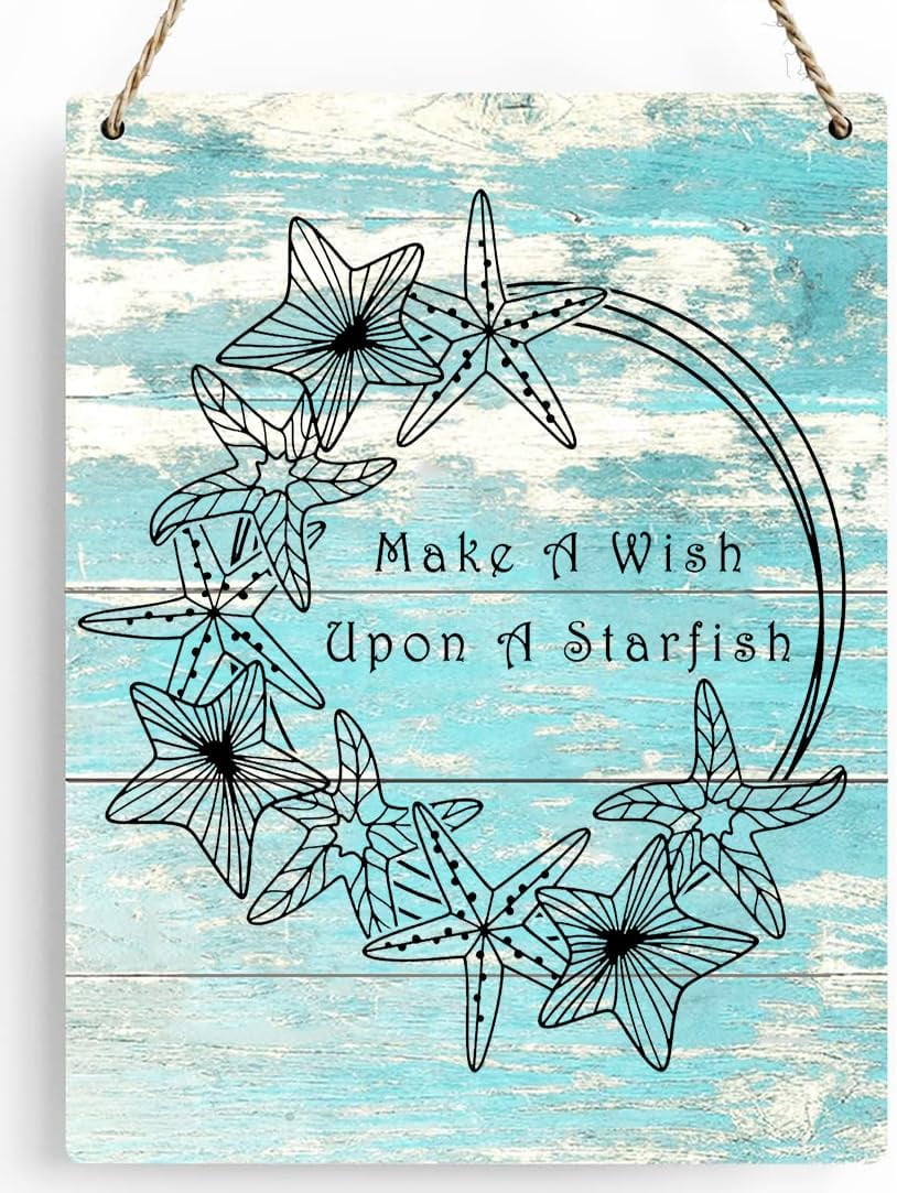Wooden Sign 8x12 Inch Make A Wish Upon A Starfish Rustic Retro Wooden ...