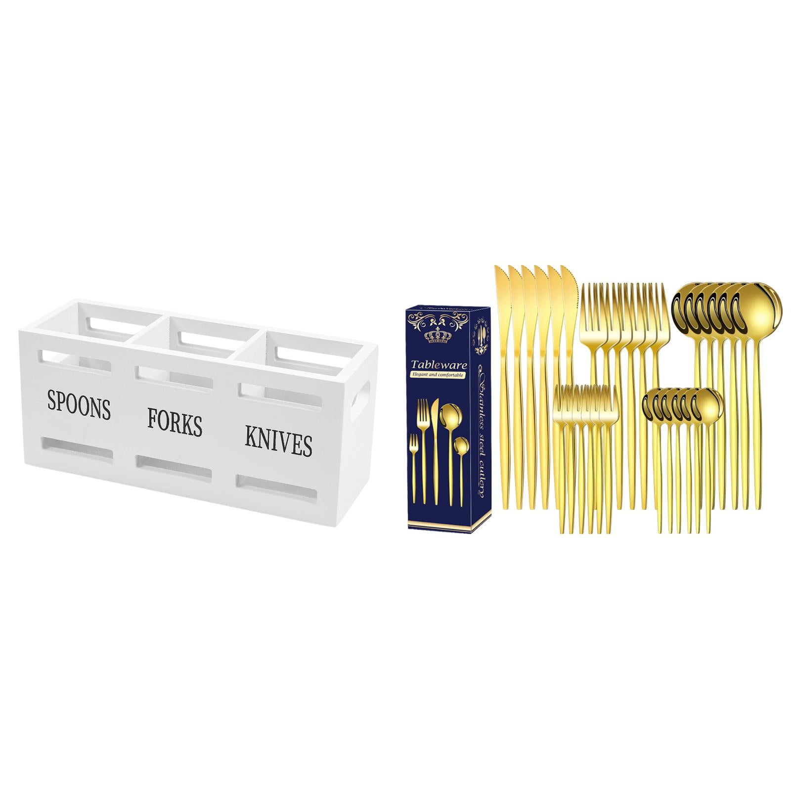 Wooden Silverware Holder with 30 Pieces Flatware Sets Cutlery Holder ...