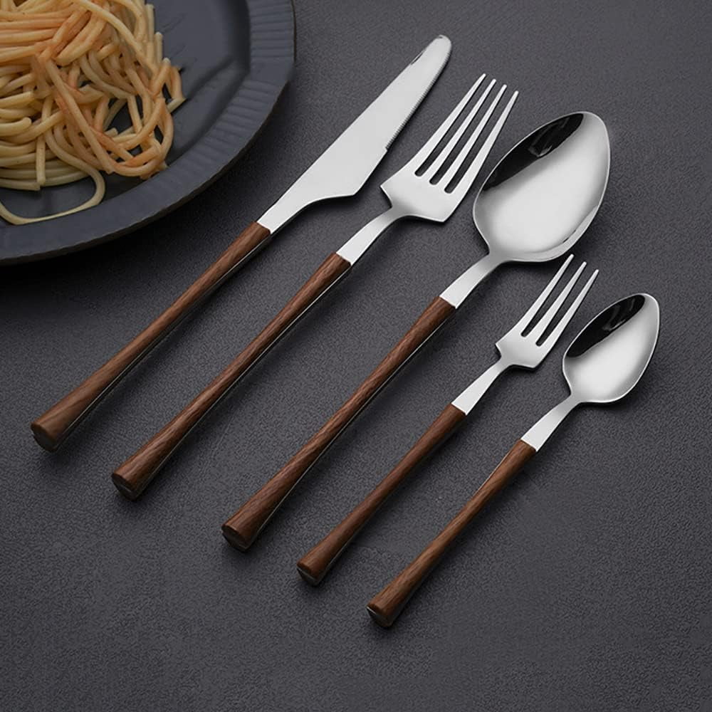 Wooden Silverware Set With Wood Handle 40 Piece Stainless Steel ...