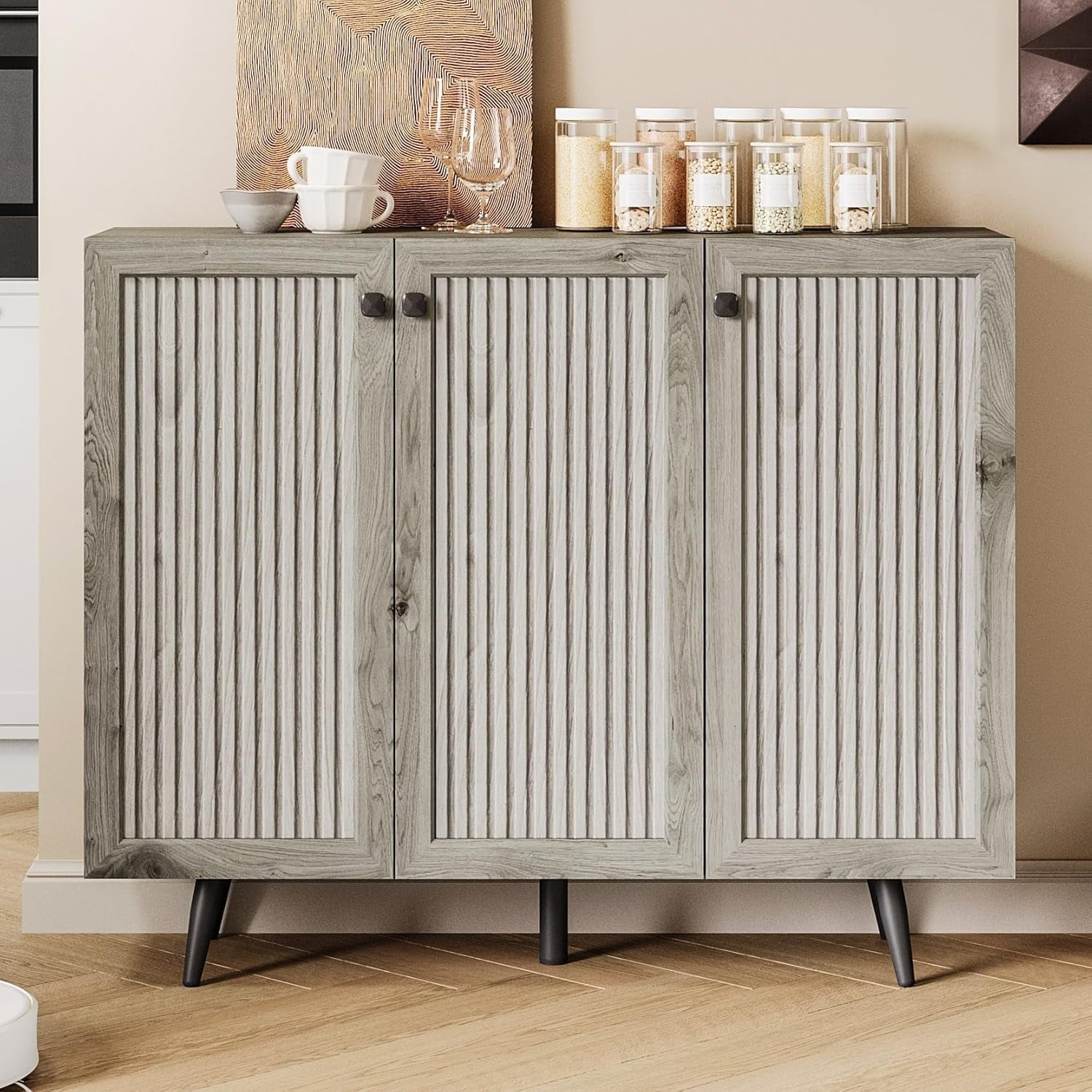 Wooden Slate Grey Storage Cabinet with 3 Door and Adjustable Shelves ...