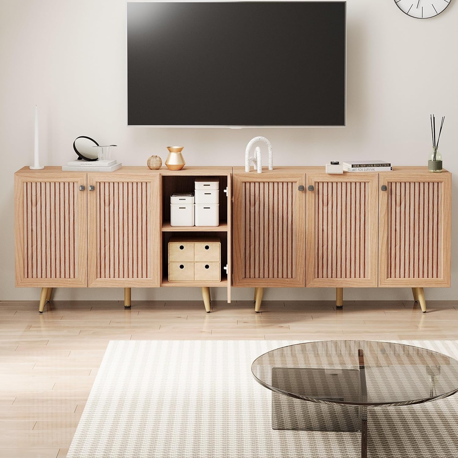 Wooden Slate Grey Storage Cabinet with 3 Door and Adjustable Shelves ...