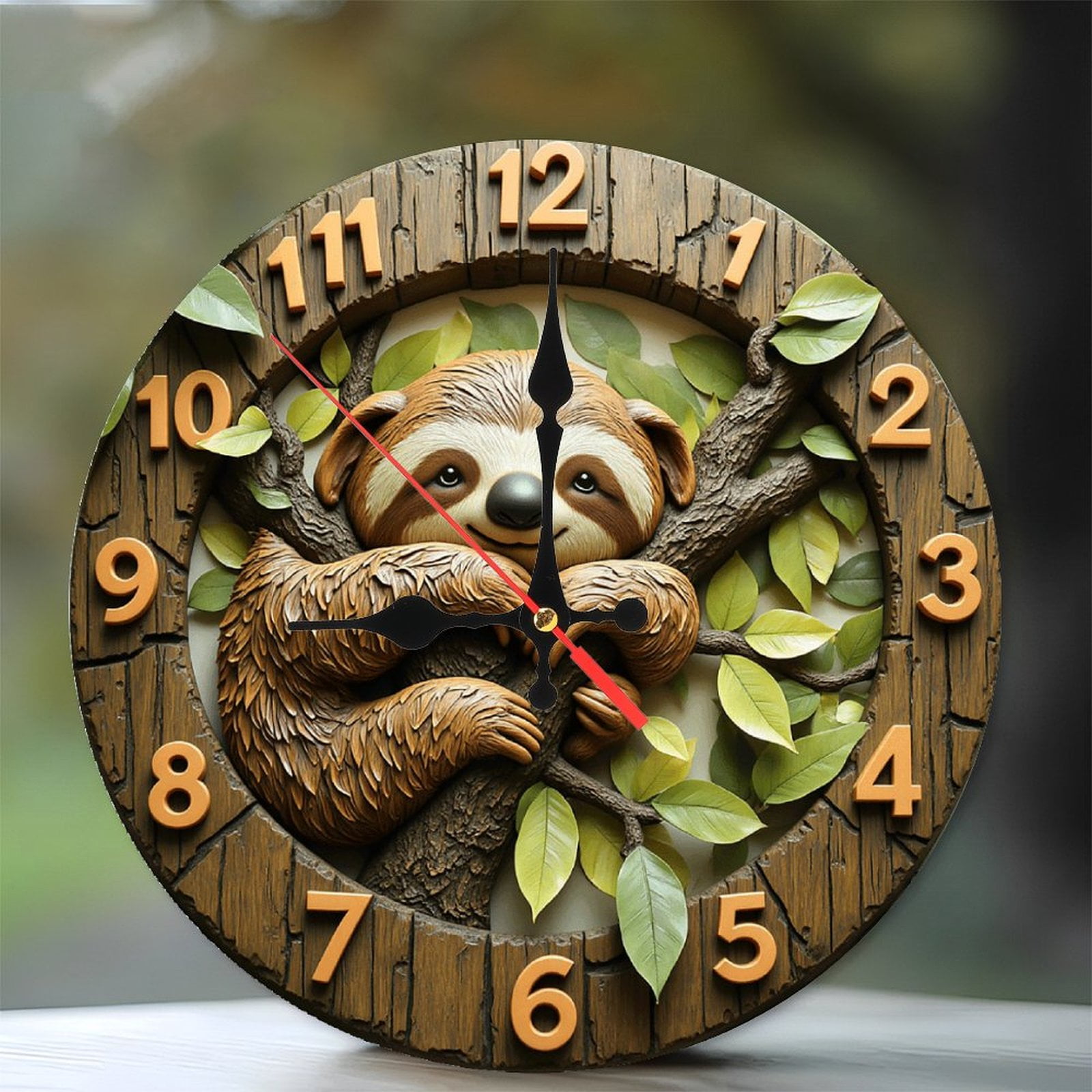 Wooden Sloth Wall Clock with Green Leaves Design 10-Inch Silent Wooden ...