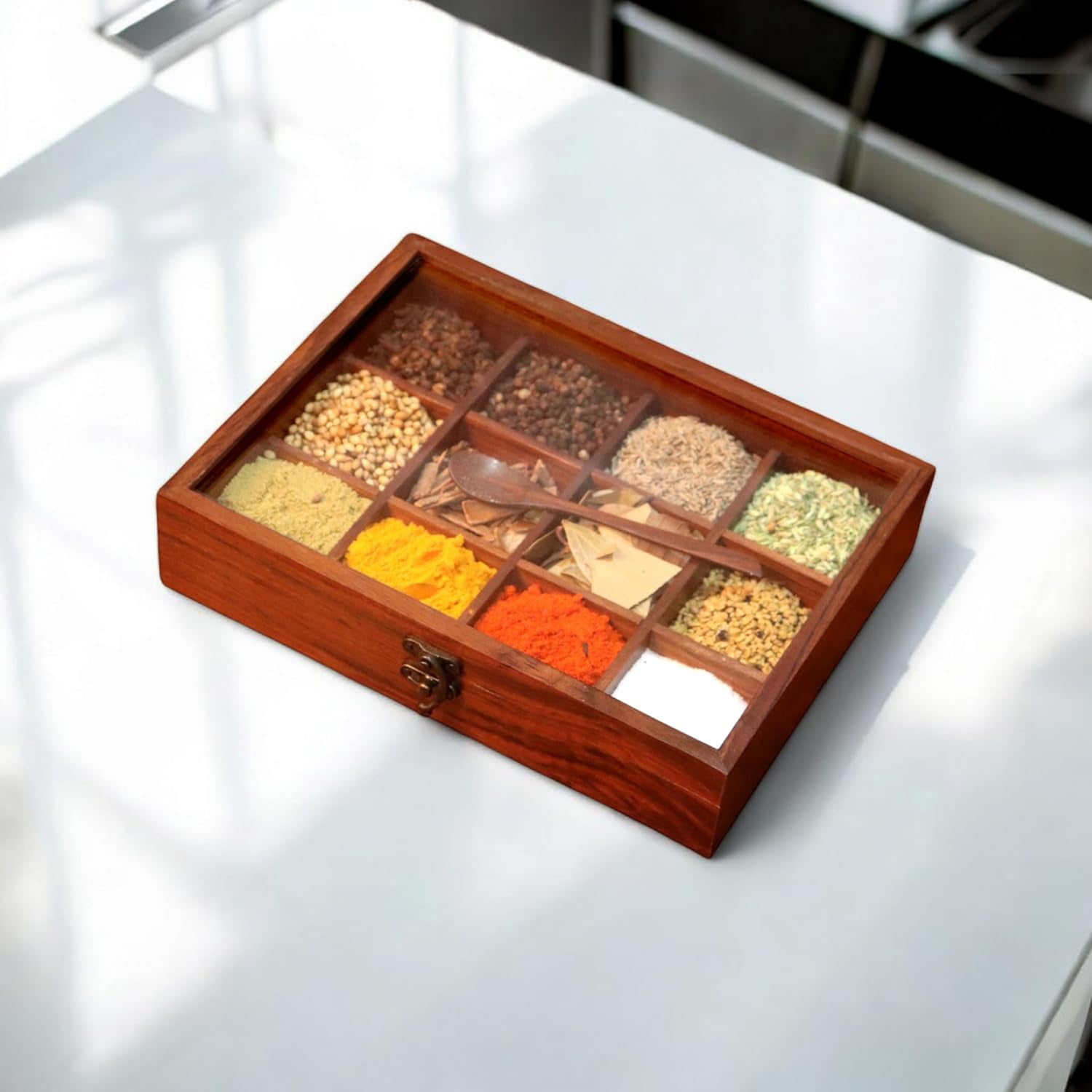 Wooden Spice Box with 12 Partitions & Spoon, Spice Container for ...