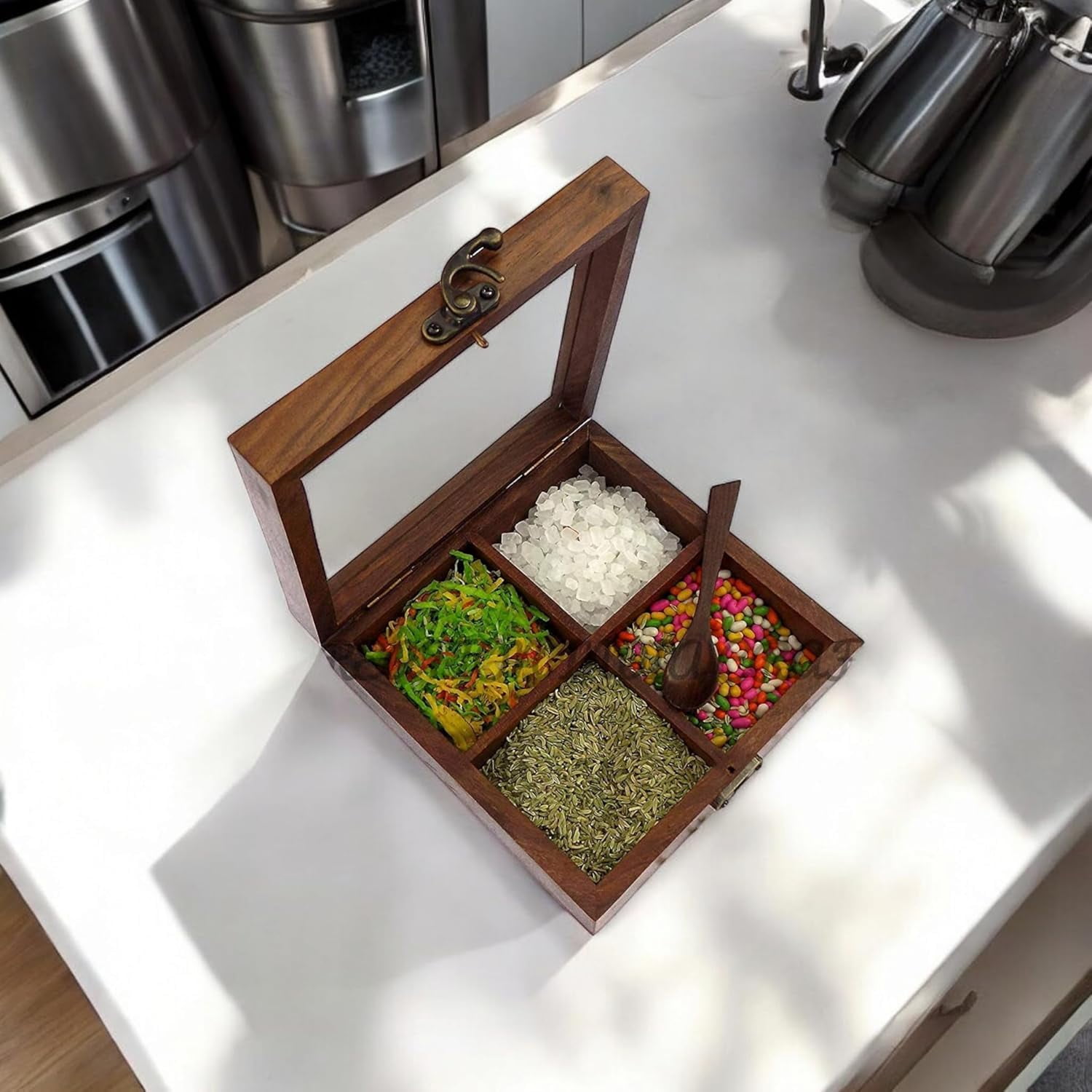 Wooden Spice Box with 4 Partitions Spoon Mukhwas for Refereshment Spice ...