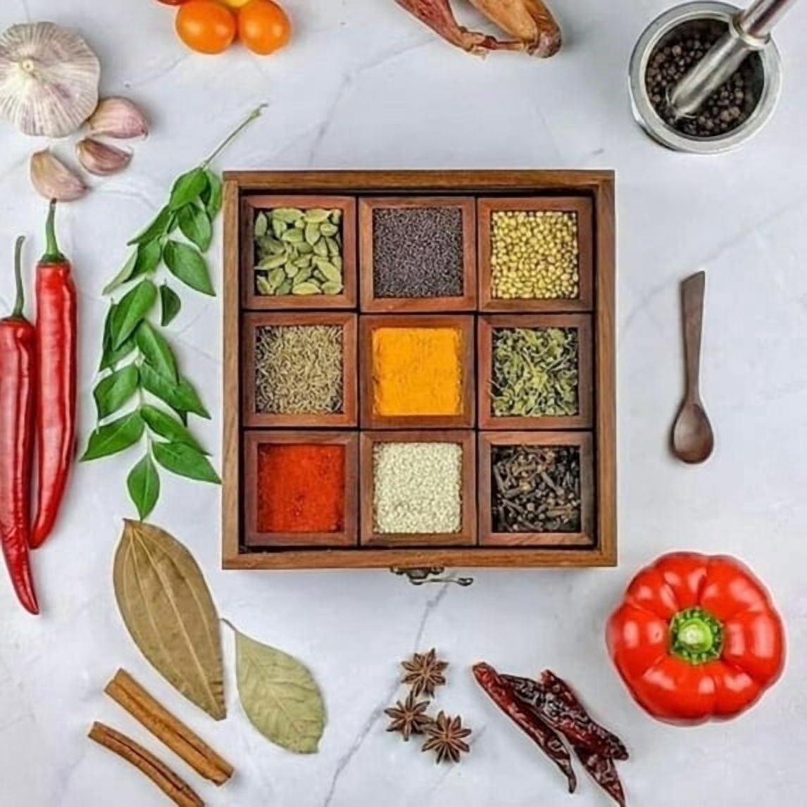 Wooden Spice Box | Masala Box with 9 Compartments – Handcrafted Storage ...