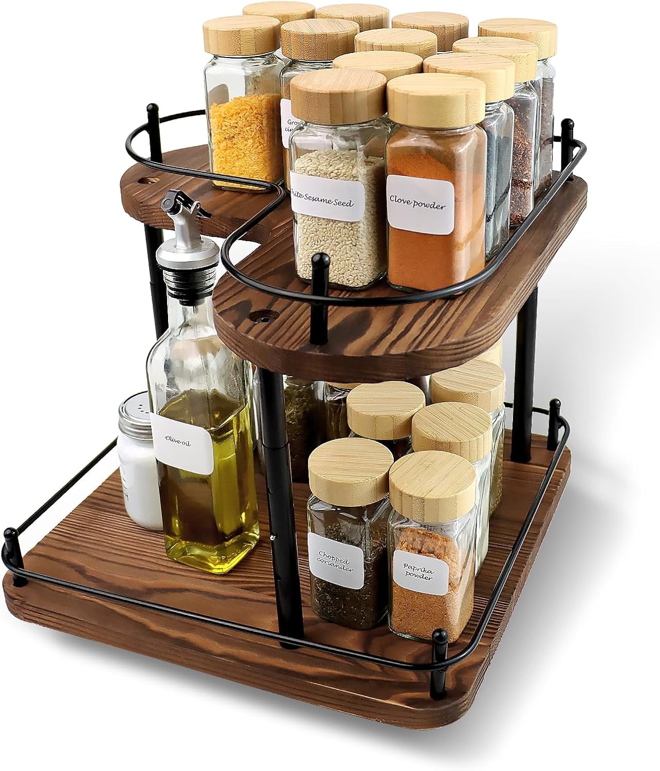 Wooden Spice Rack Organizer Rotating Countertop 2 Tiered Display Shelf ...