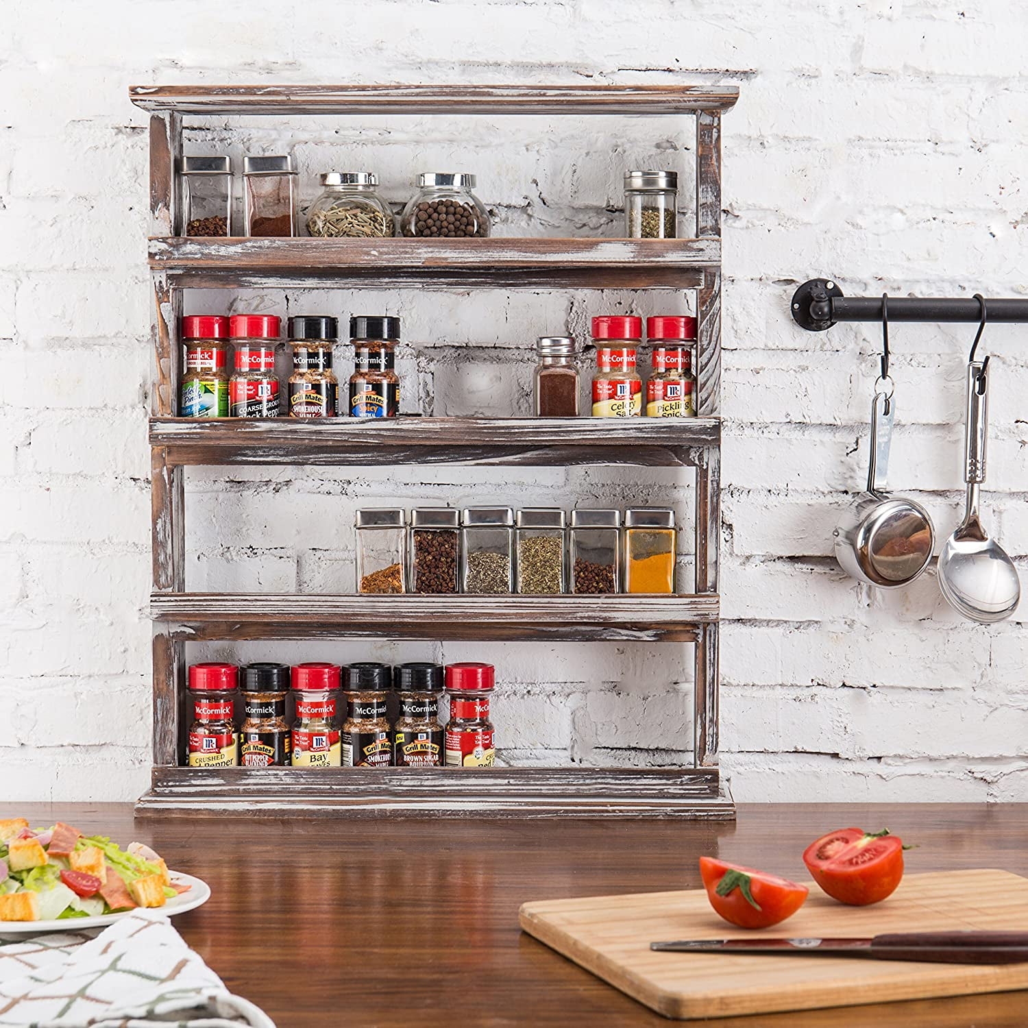 Wooden Spice Rack Wall Mount Hanging 4 Tier Seasoning Jar Shelf ...