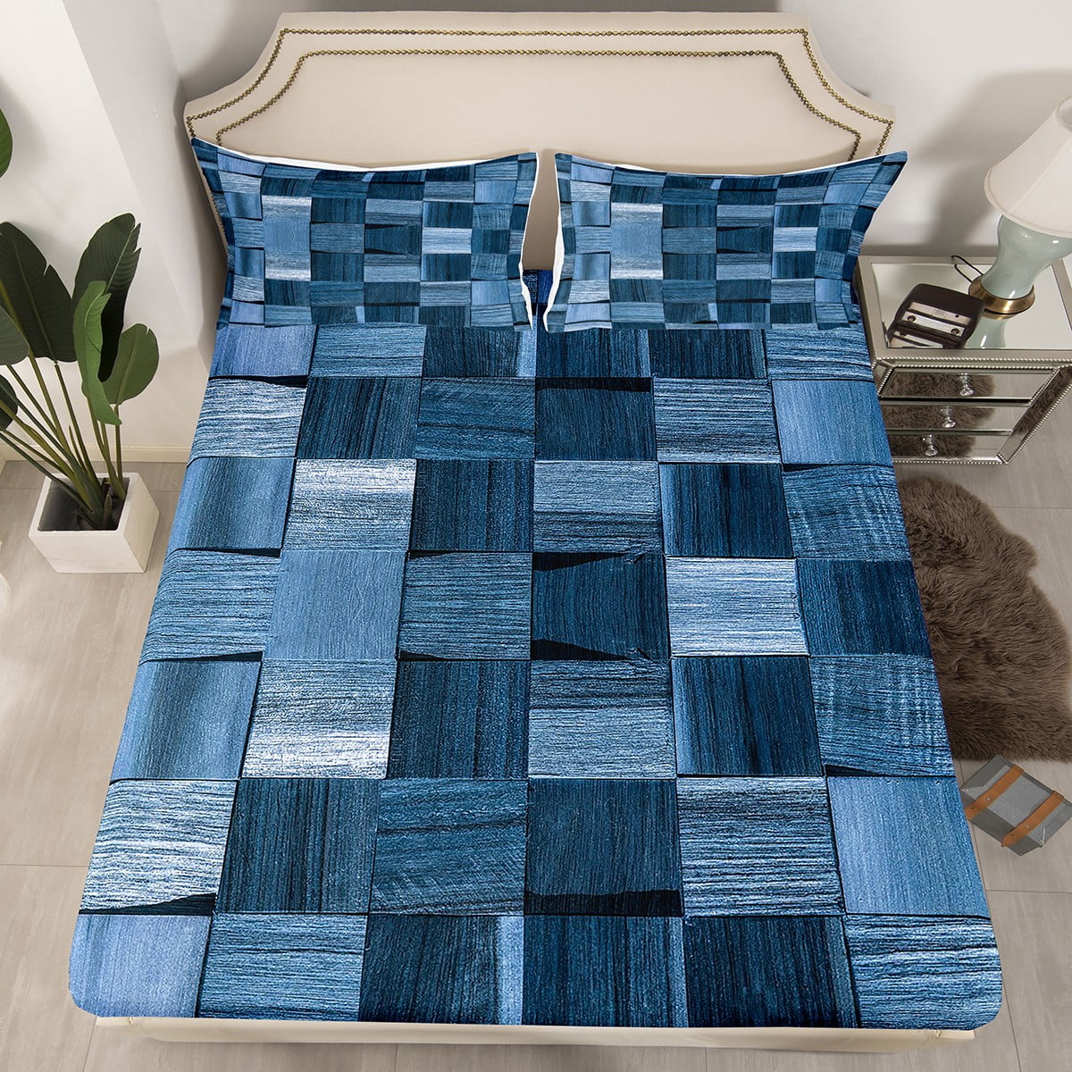Wooden Splicing Bed Sheets, Blue Ocean Style Bed Set Queen Size ...