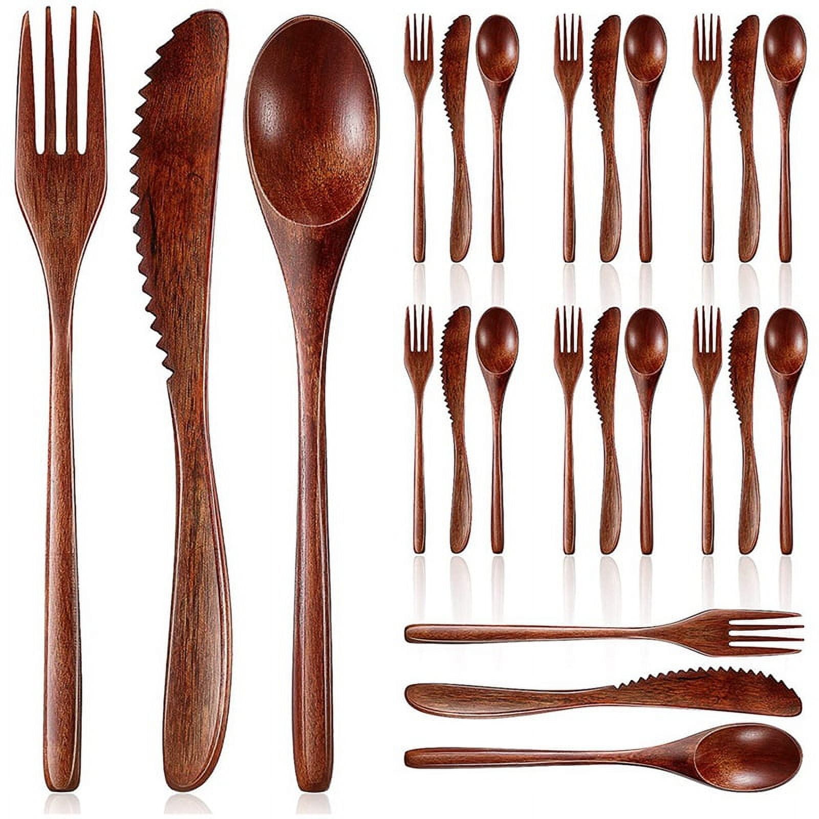 Wooden Spoon Fork Knife Cutlery Set Kitchen Flatware Set (24 Pieces ...