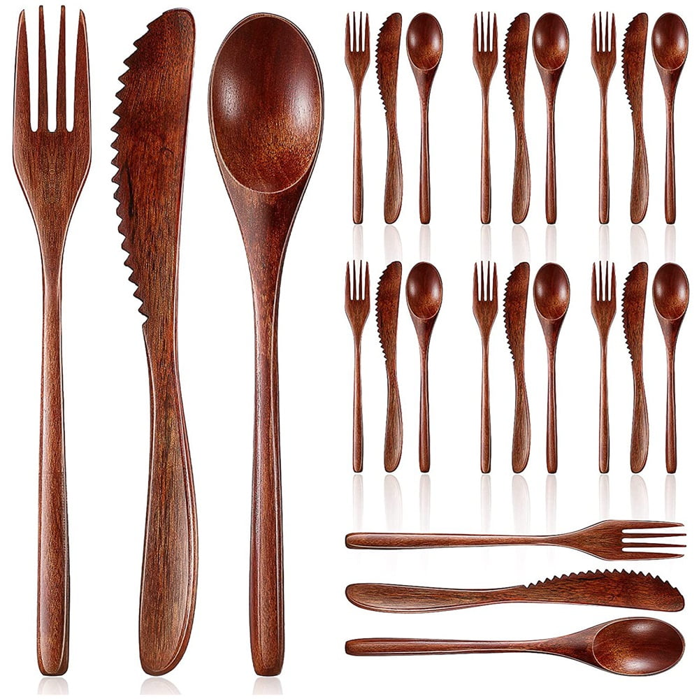 Wooden Flatware Set, 24-Piece Utensil Set with Spoons, Forks, Knives ...
