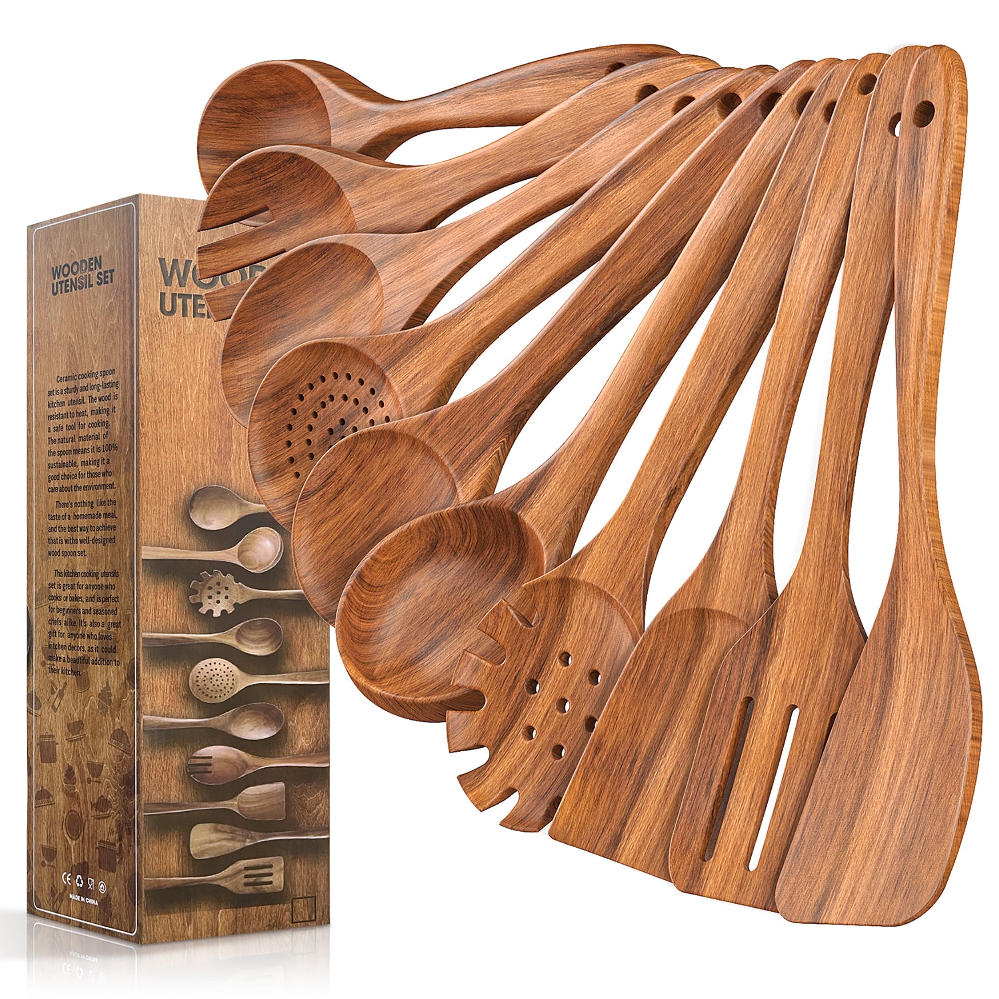 GPED Wooden Spoons for Cooking, 10 PCS Teak Wood Utensil Set, Nonstick ...