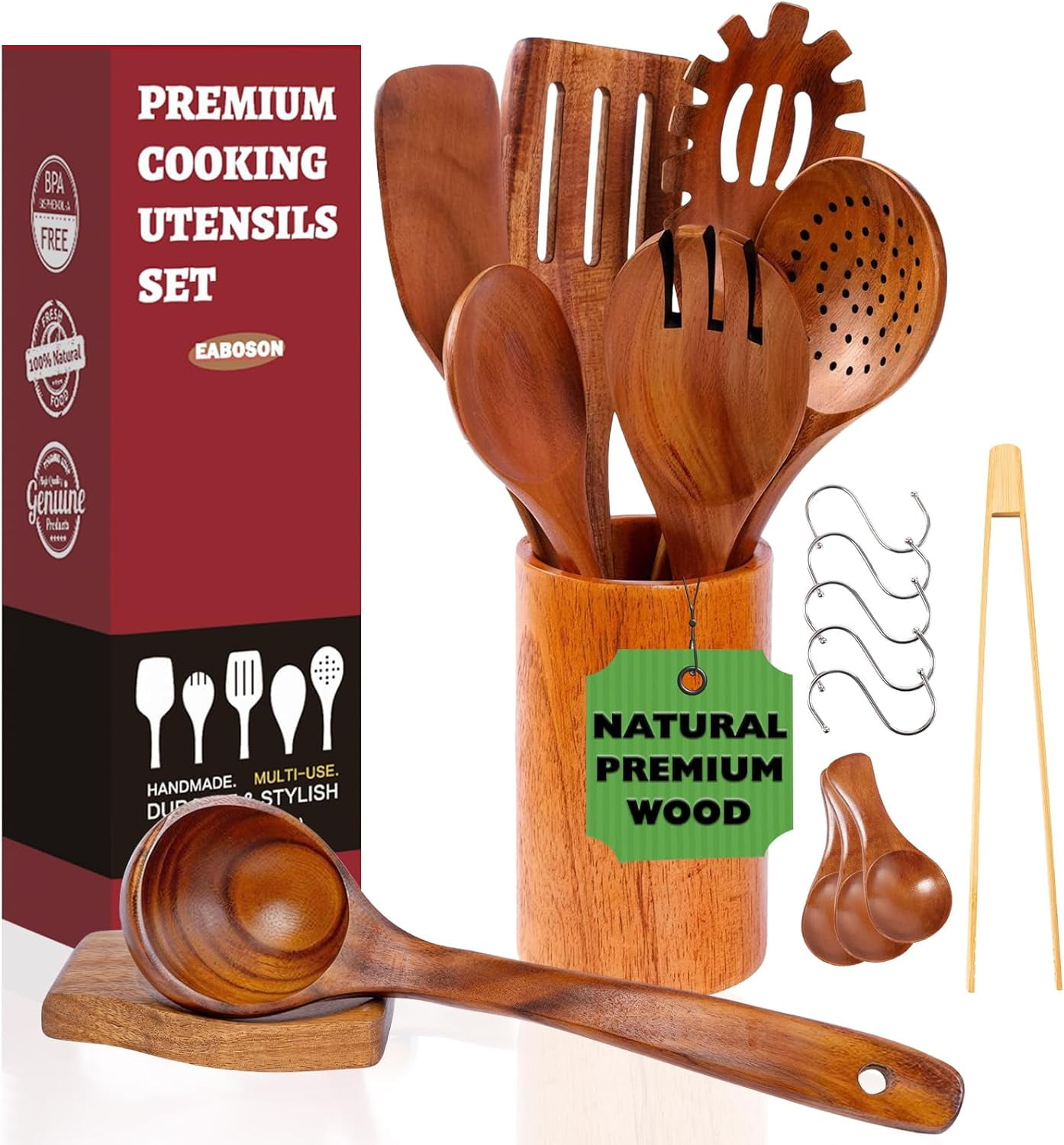 Wooden Spoons for Cooking, 10 PCs Kitchen Utensils Set with Tongs & 3 ...