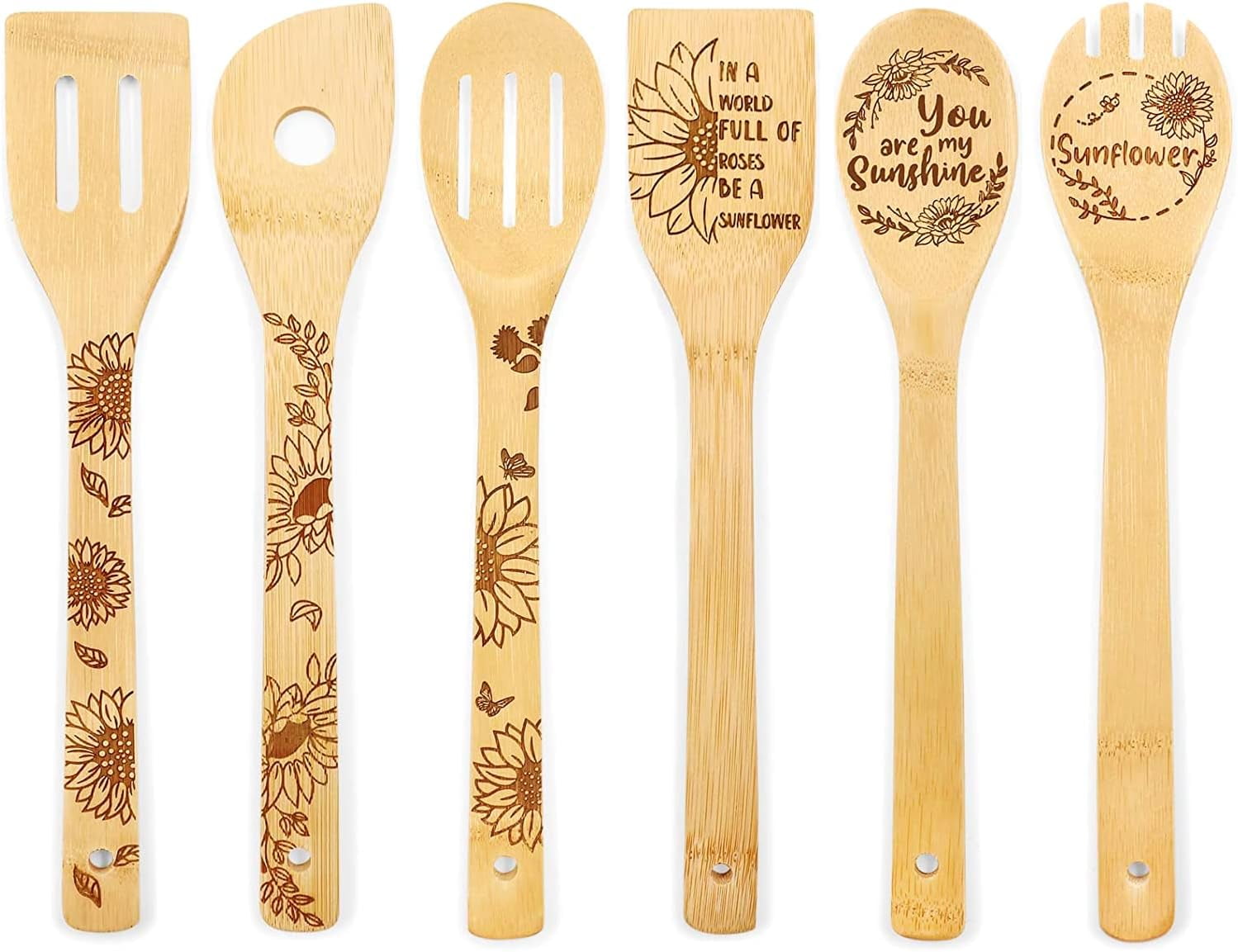 Wooden Spoons for Cooking, 6PCS Sunflower Burned Engraved Bamboo Spoons ...