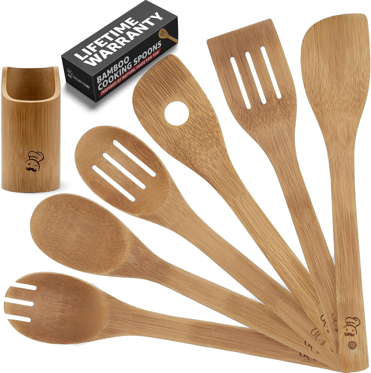 Wooden Spoons for Cooking, 6Pc with Utensil Holder, Non Scratch Bamboo ...