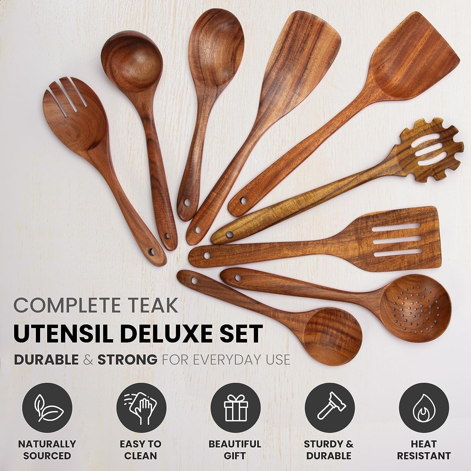 Wooden Spoons for Cooking, 9 PCS Teak Wood Utensil Set/Serving Spoons, for Nonstick Cookware ...