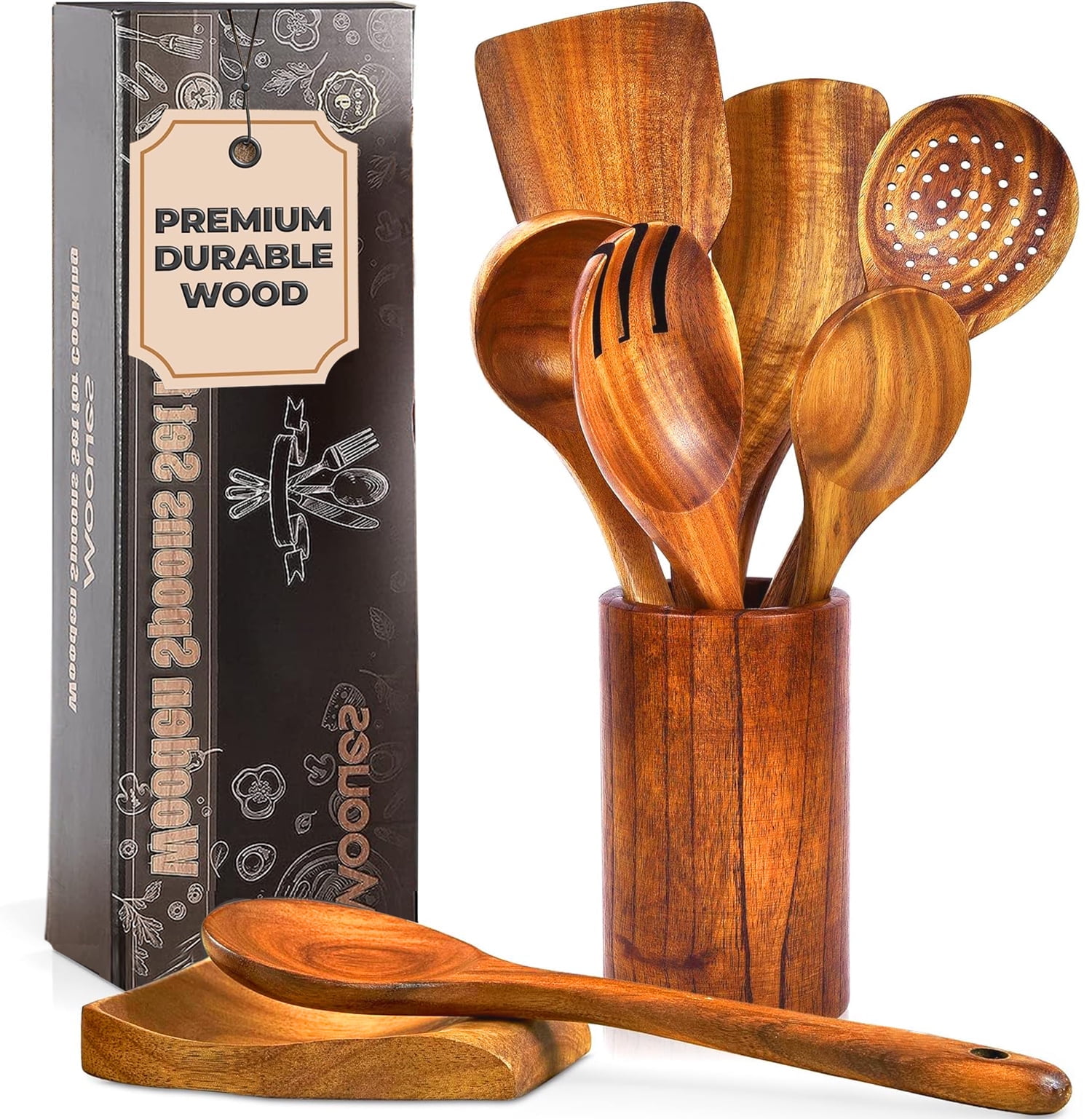 Anoak 9-Piece Wooden Utensil Set - Teak Wood Spoons, Spatulas, Ladles ...