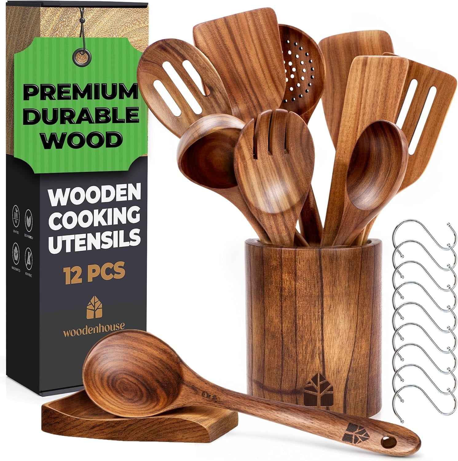 Wooden Spoons for Cooking – Wooden Cooking Utensils Set with Holder ...