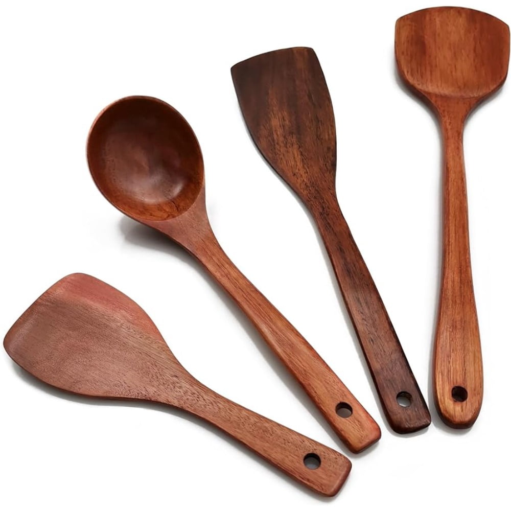 Wooden Spoons for Cooking, 4 Pcs Wooden Natural Teak, Non-Stick Wooden ...