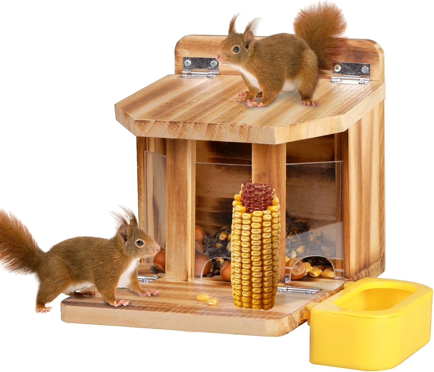 Wooden Squirrel Feeder with Water Bowl, Large Capacity Squirrels ...