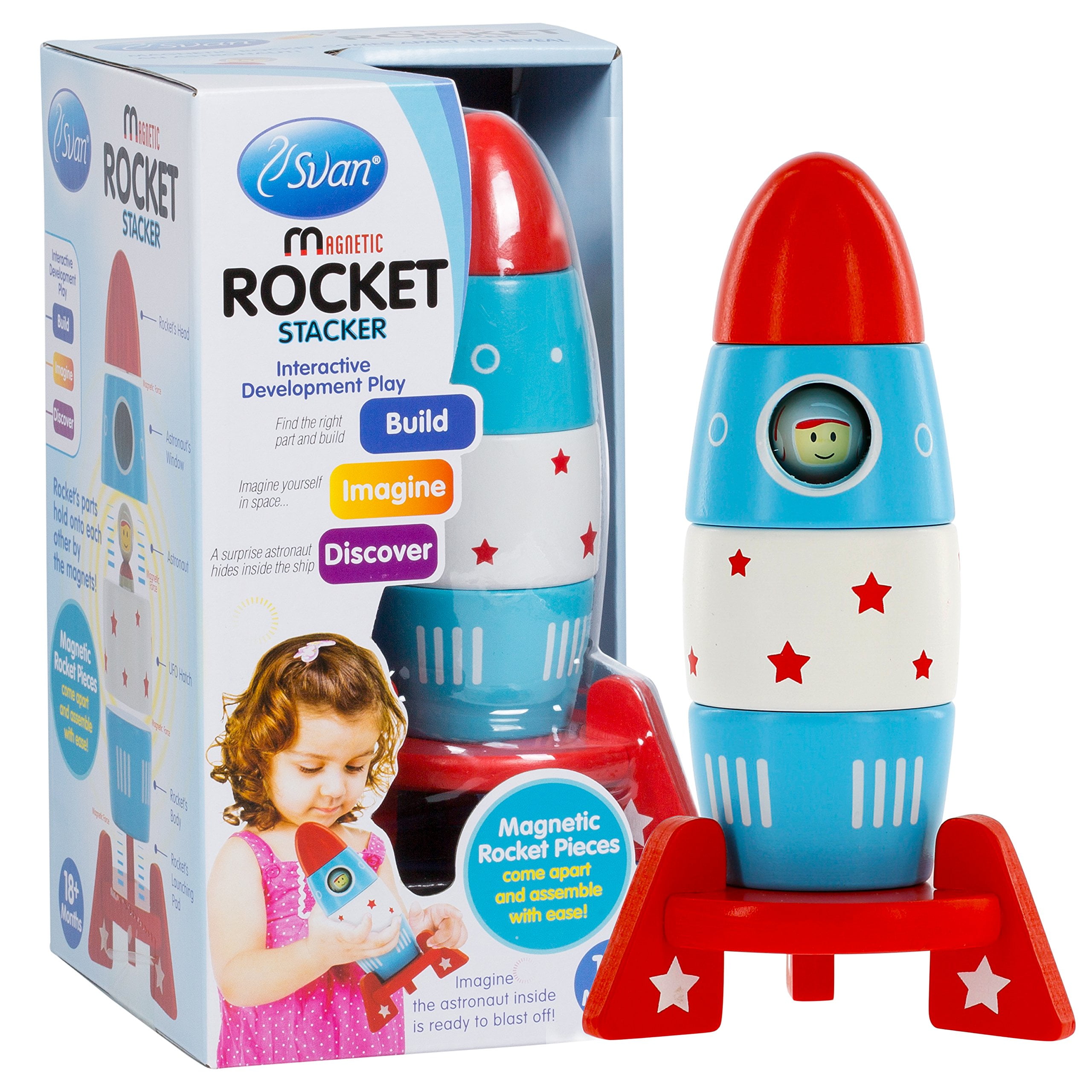 Wooden Stacker Toy Space DHF10 Rocket - 6 Magnetic Stacking Magnet Building Set with Surprise ...