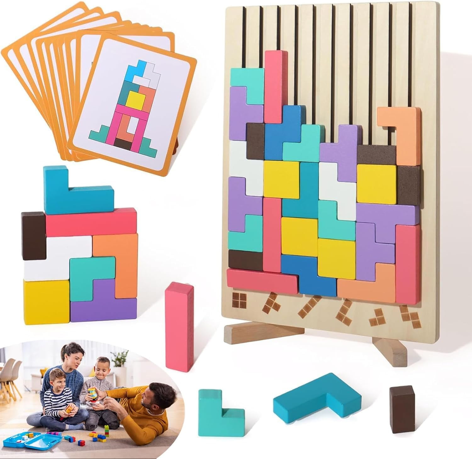 Wooden Stacking Puzzle Toy, Wooden Colored 3D Russian Block Puzzle ...