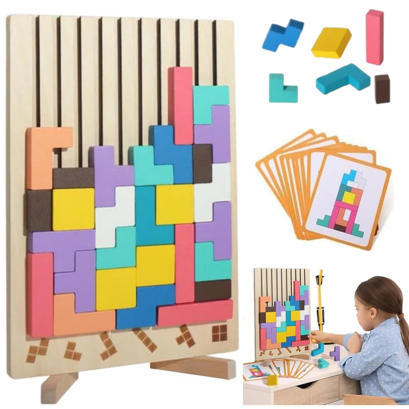 Wooden Stacking Puzzle Toy, Wooden Tetris Puzzle Educational Game for ...