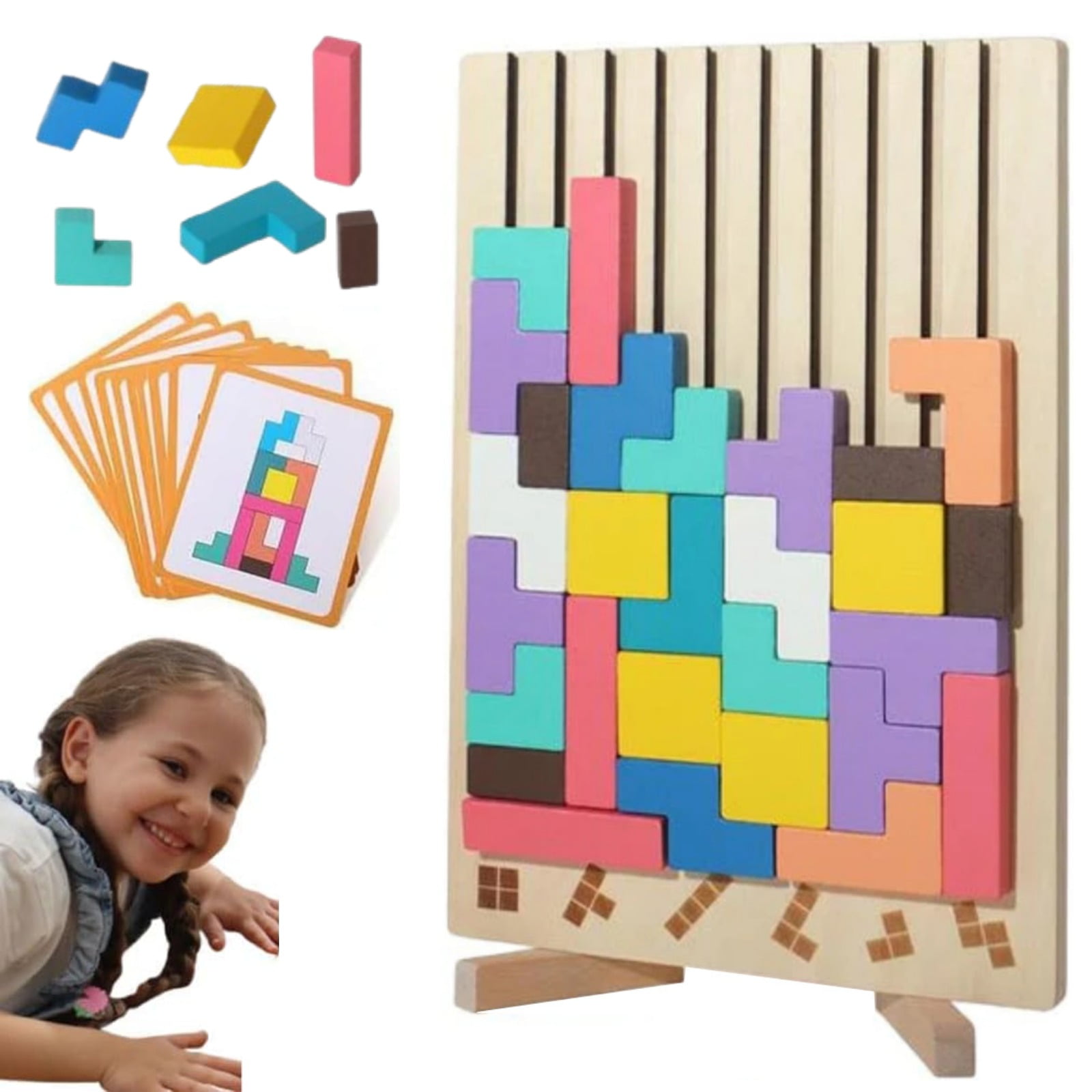 Wooden Stacking Puzzle Toy, Wooden Tetris Puzzle Educational Game Set ...
