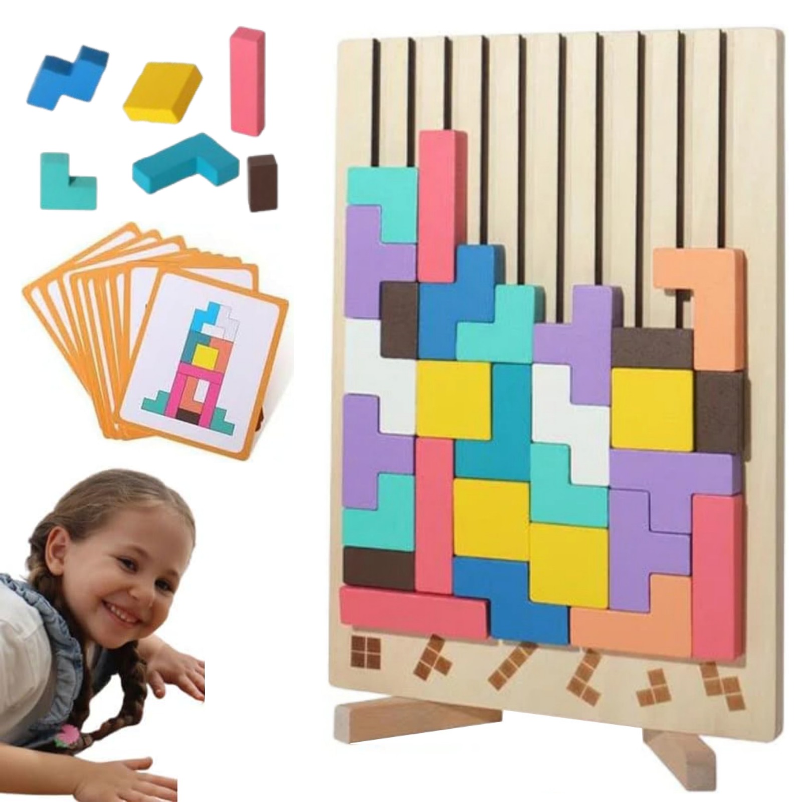 Wooden Stacking Puzzle Toy, Wooden Tetris Puzzle Premium Wood Build ...