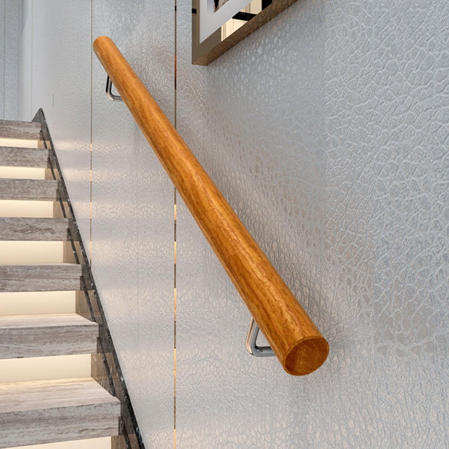 Wooden Stair Handrail, 4FT Round Safety Non-Slip Stair Railing, Wall ...