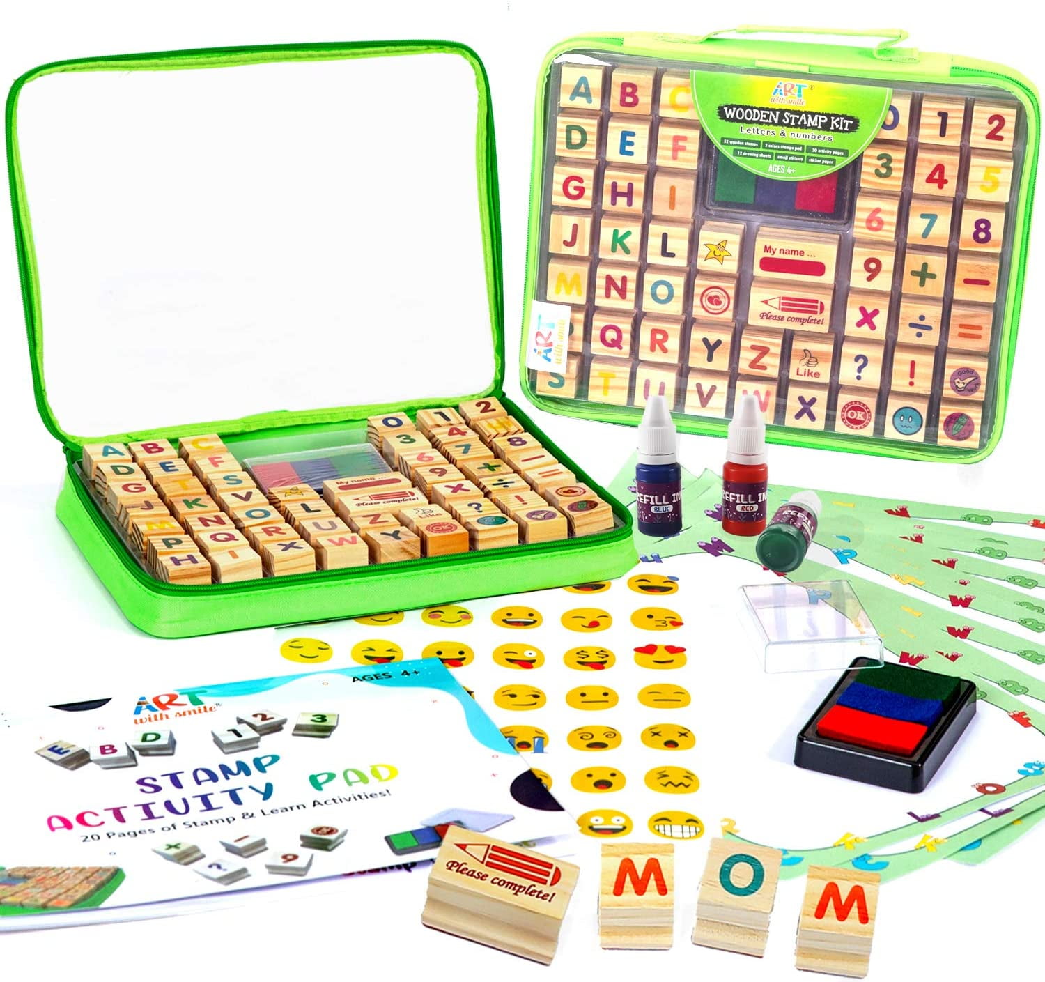 Wooden Stamp Set for Kids with Alphabet Stamps and Carry Case 72 Pcs ...