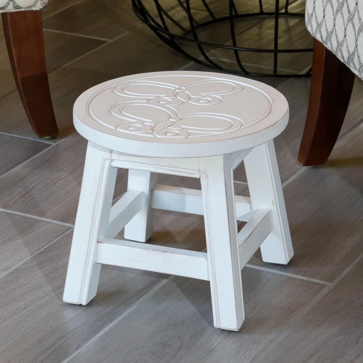 Wooden Step Stool, Round Mini Side Table, Carved with Butterfiles ...