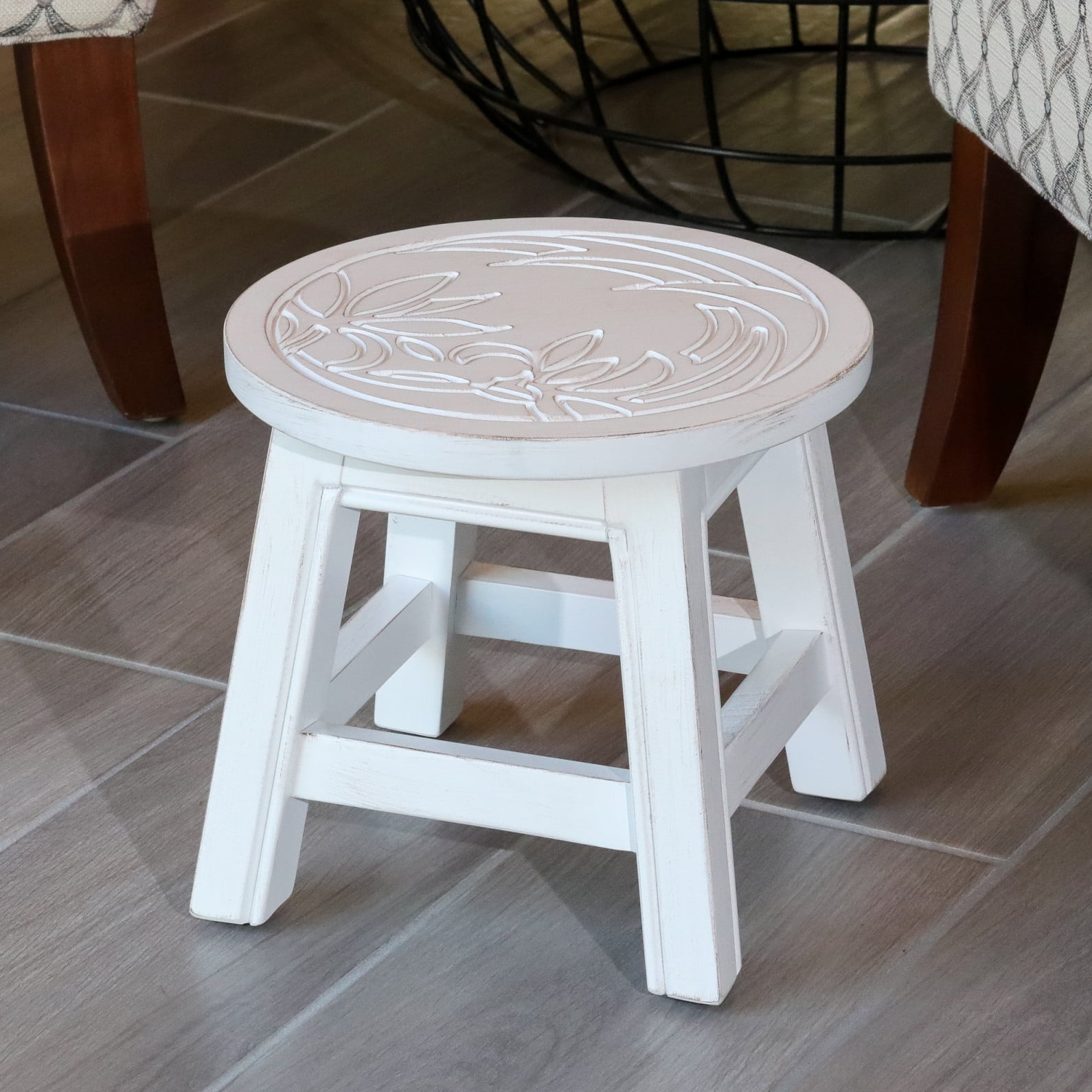 Wooden Step Stool, Round Mini Side Table, Carved with Floral Pattern ...