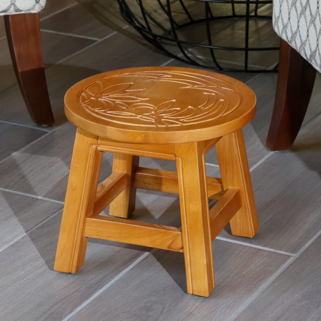 Wooden Step Stool, Round Mini Side Table, Carved with Floral Pattern ...