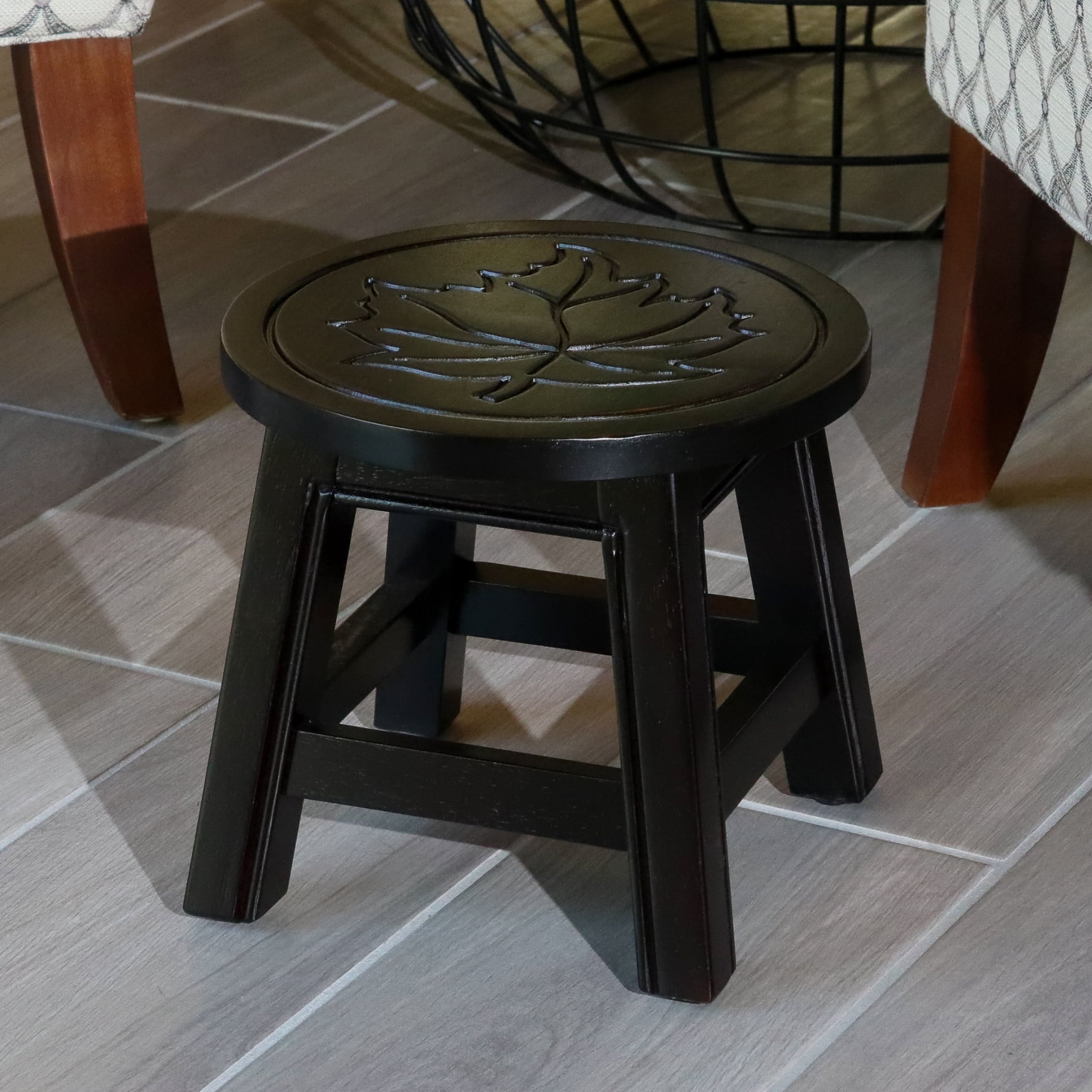 Wooden Step Stool, Round Mini Side Table, Carved with Maple Leaf ...