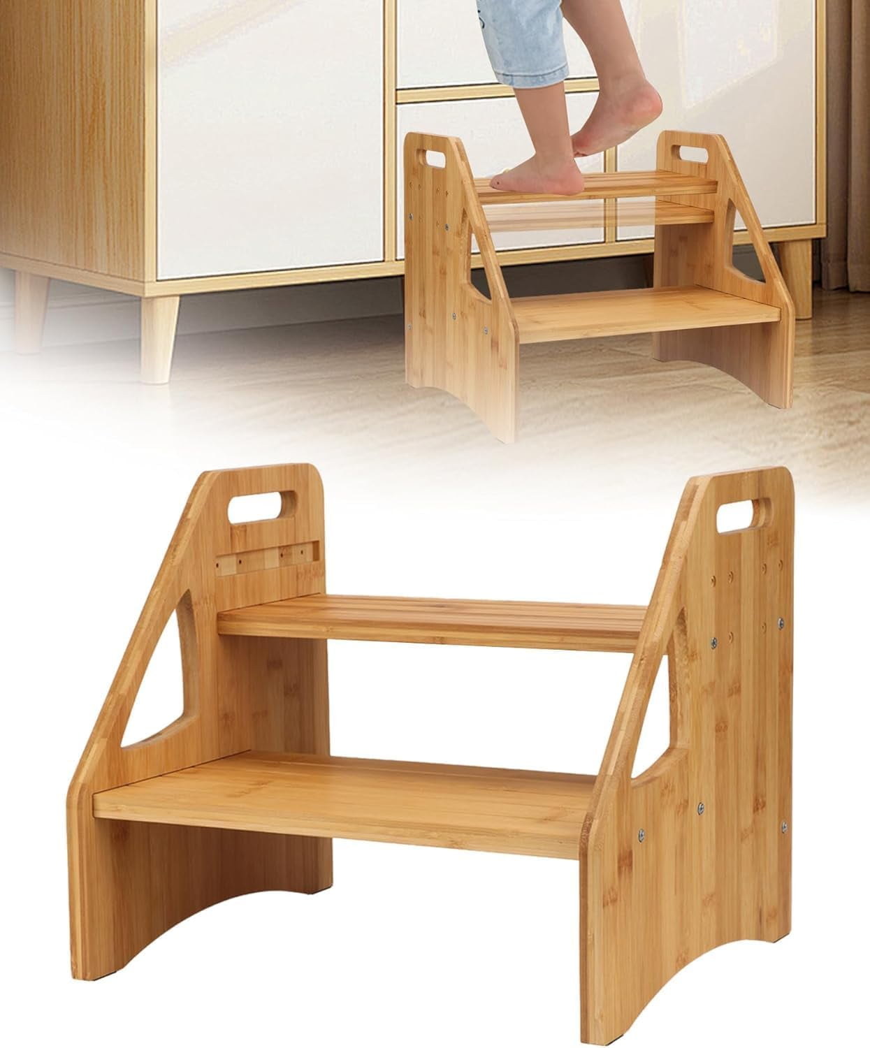 Wooden Step Stool, Two Step Stools-Adjustable Height with Handle and ...