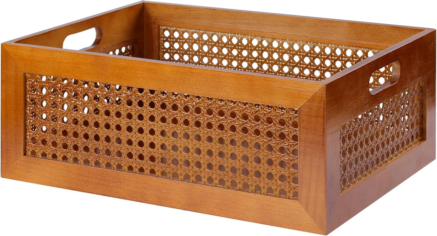 Wooden Storage Basket Large Handmade Rattan Drawer Storage Box with ...