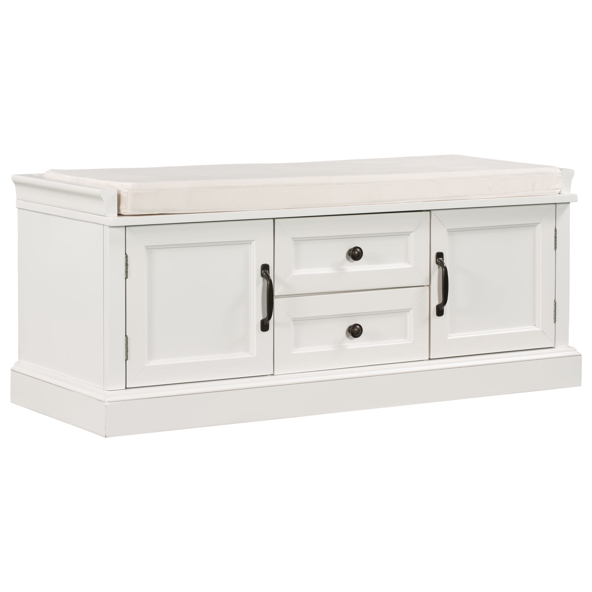 White Wooden Storage Bench with 2 Cabinets, 2 Drawers, Rustic Shoe ...