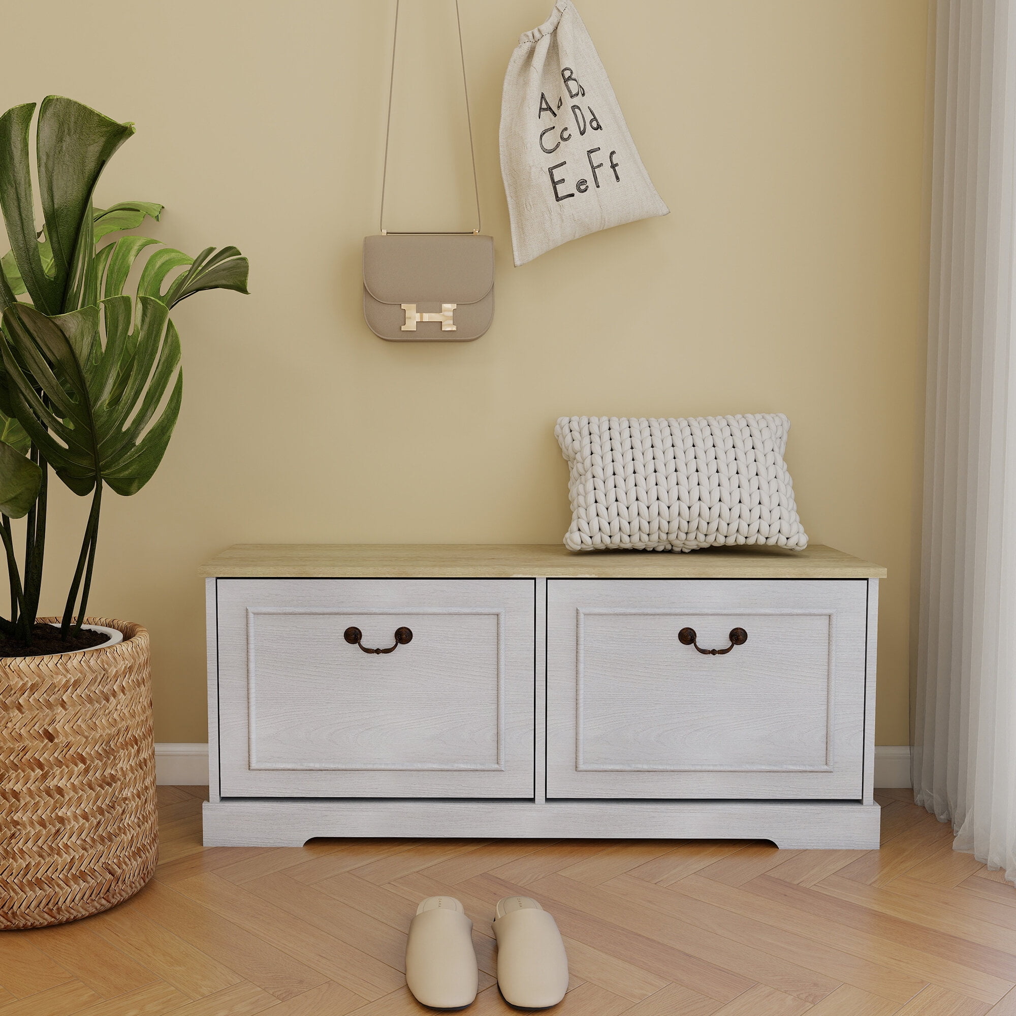 Wooden Storage Benches Shoe Storage Bench with 2 Flip Drawers and ...