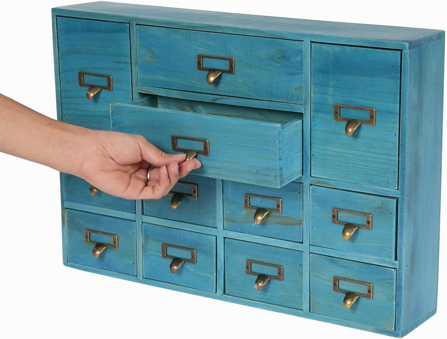 Wooden Storage Box with 12 Drawers Blue Traditional Apothecary Curio ...