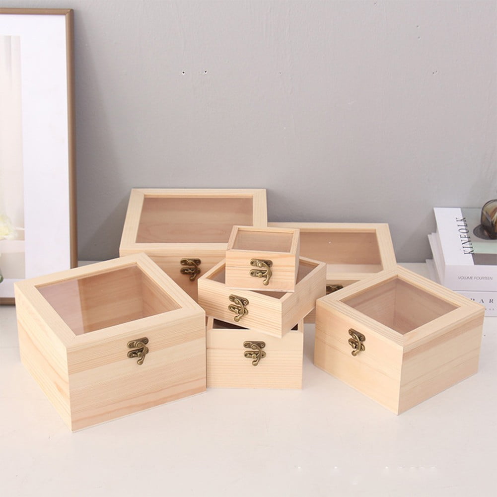 Wooden Storage Box Plain Wood boxes With Clear Lid Multifunction Square ...