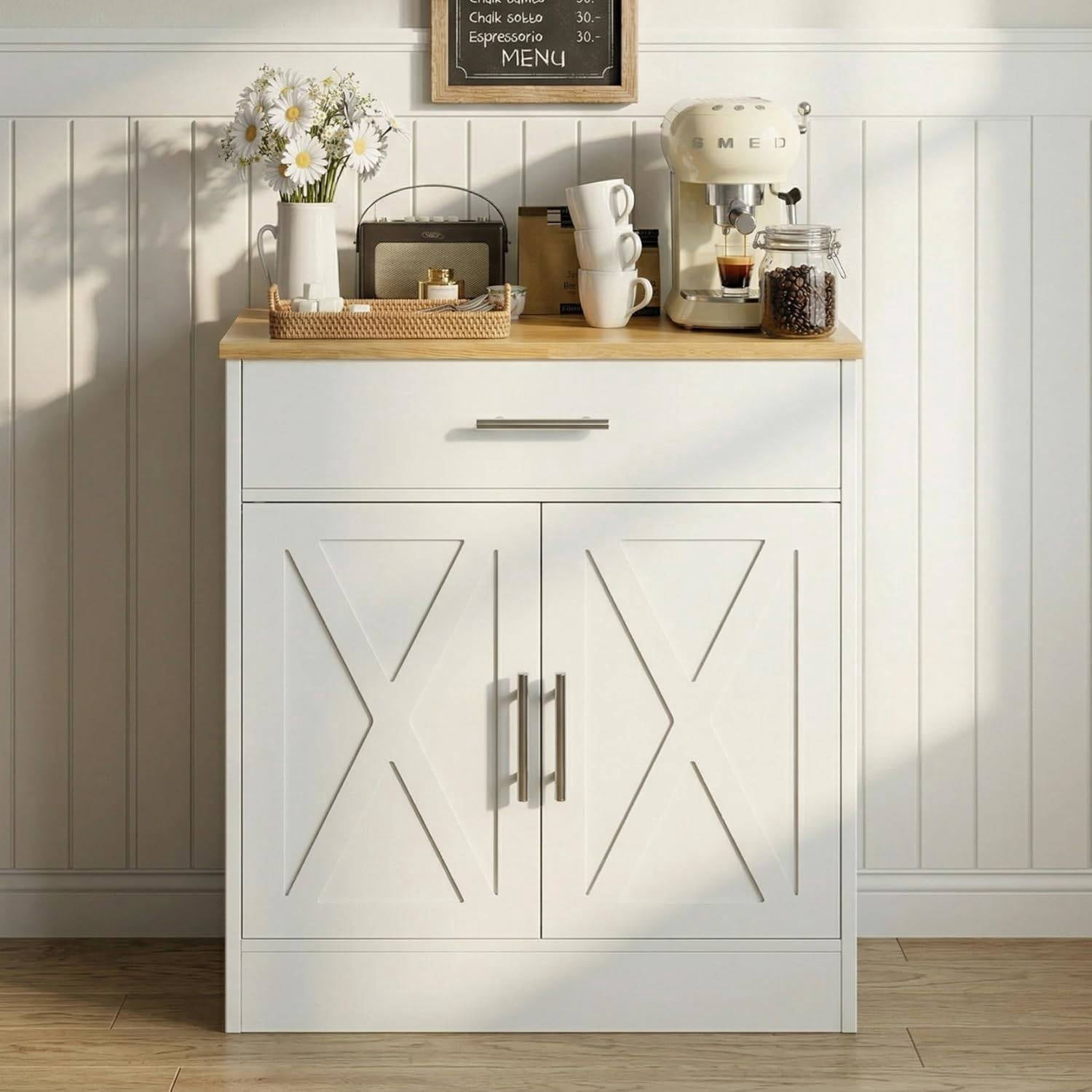 Wooden Storage Cabinet with 2 Doors and 1 Drawer, Adjustable Shelf ...