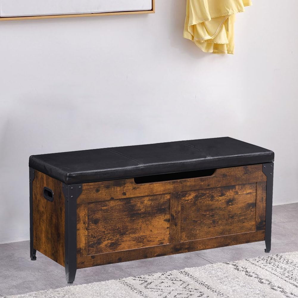 Wooden Storage Chest Bench,Leather Entryway Shoes Bench with Flip Top ...