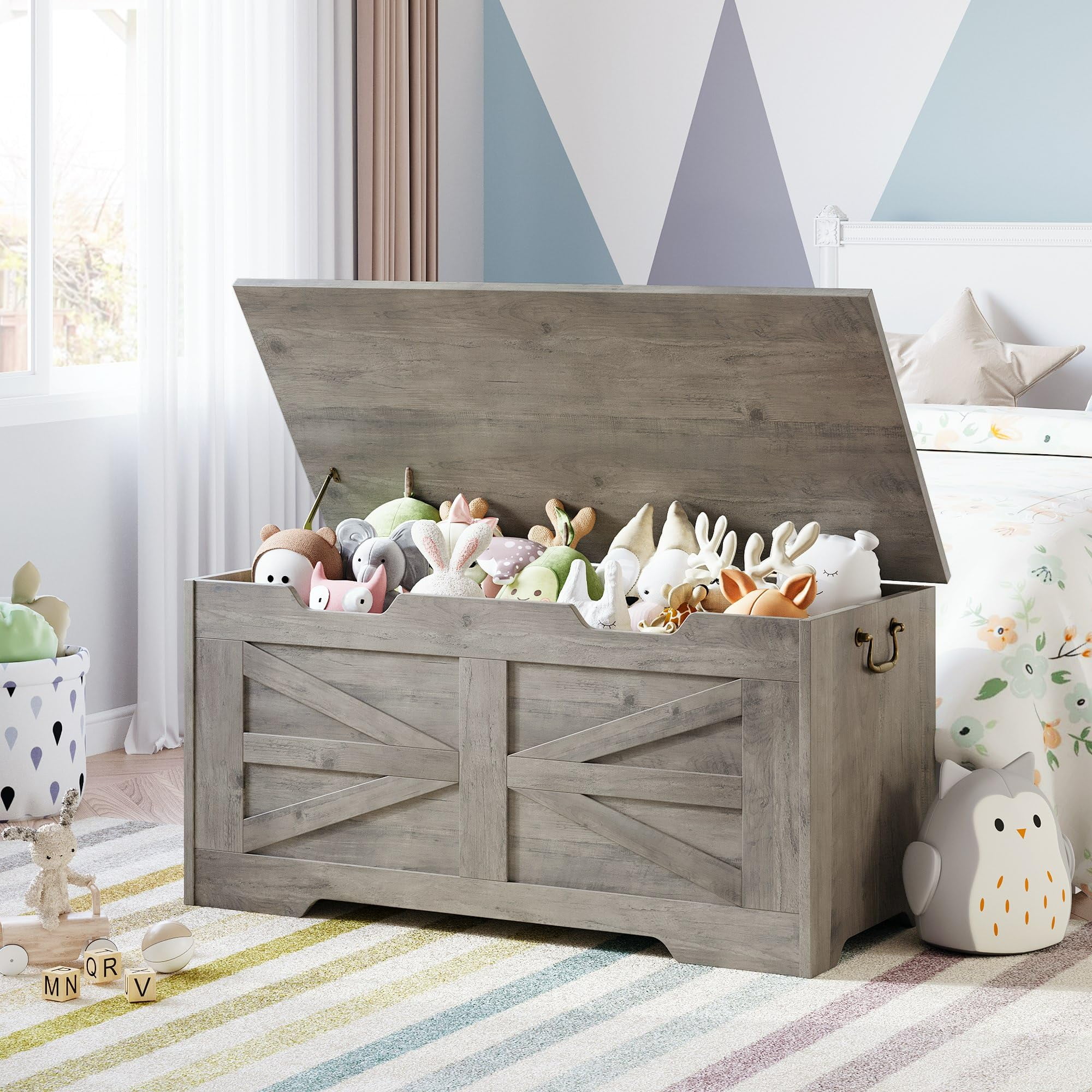 Wooden Storage Chest, Entryway Storage Bench with Safety Hinge ...