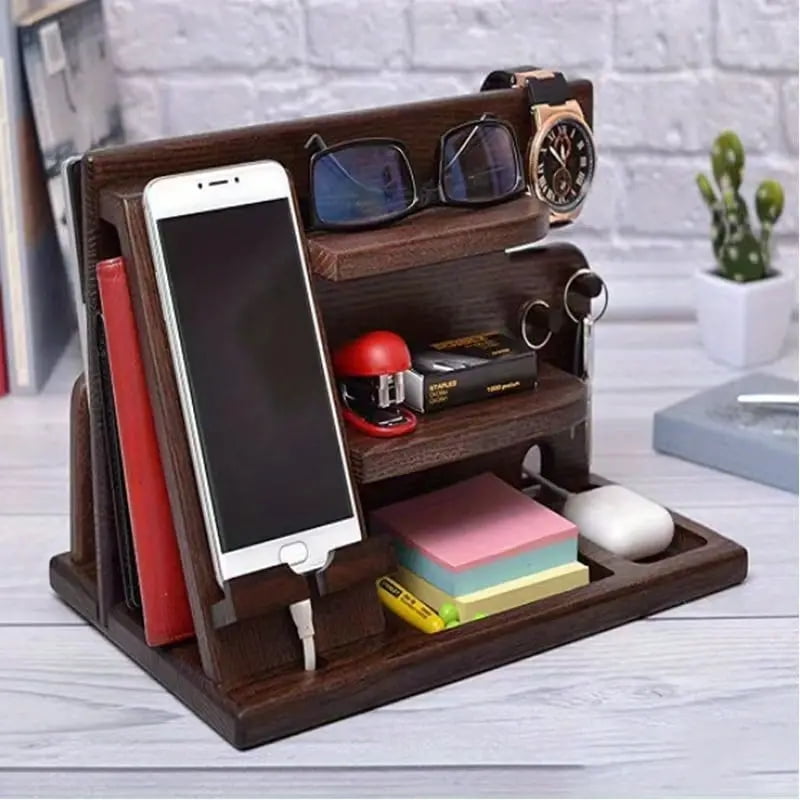Wooden Storage Rack, Mobile Phone Docking Station Nightstand Organizer ...