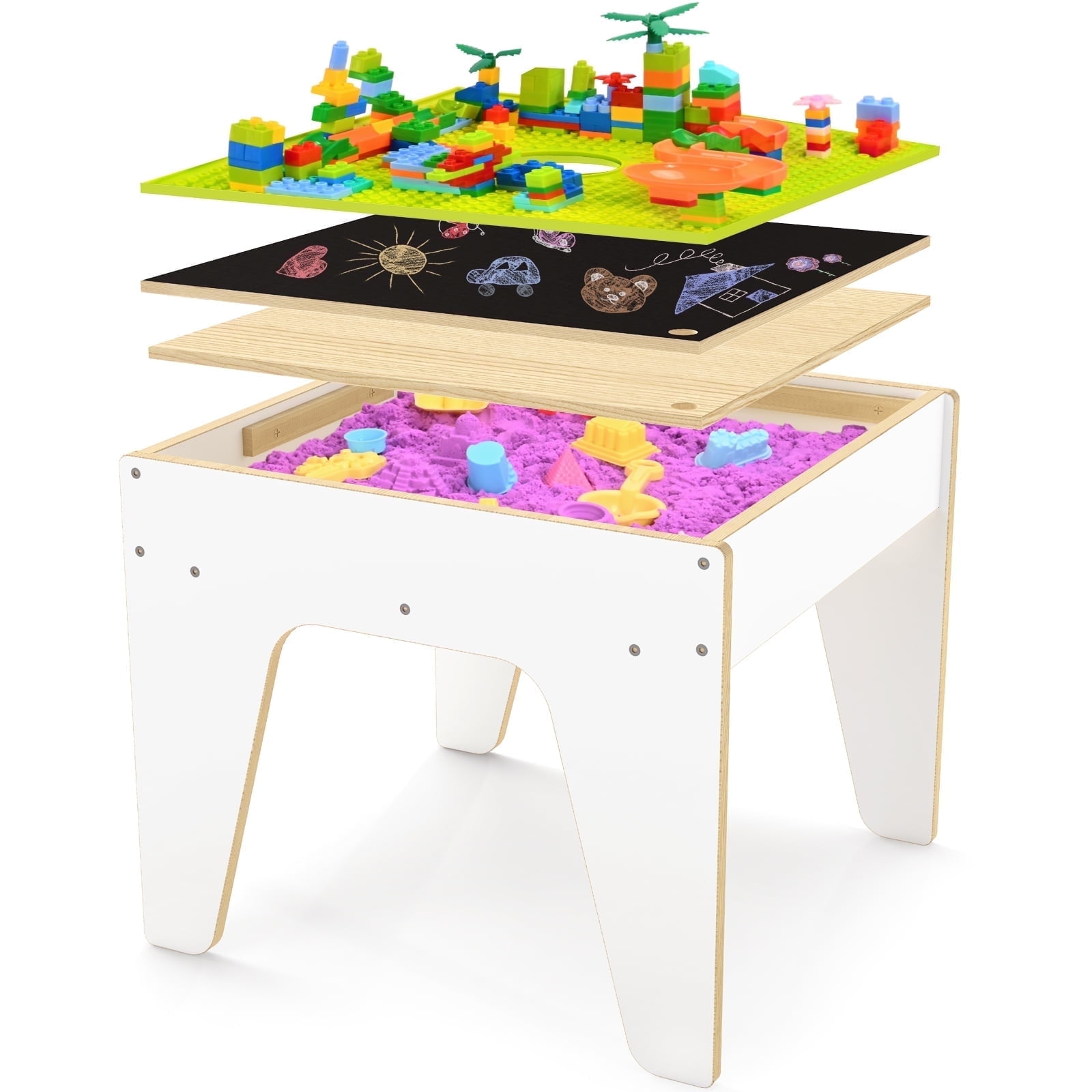 Kids Activity Table with Building Block Lid Wooden Storage Sensory ...