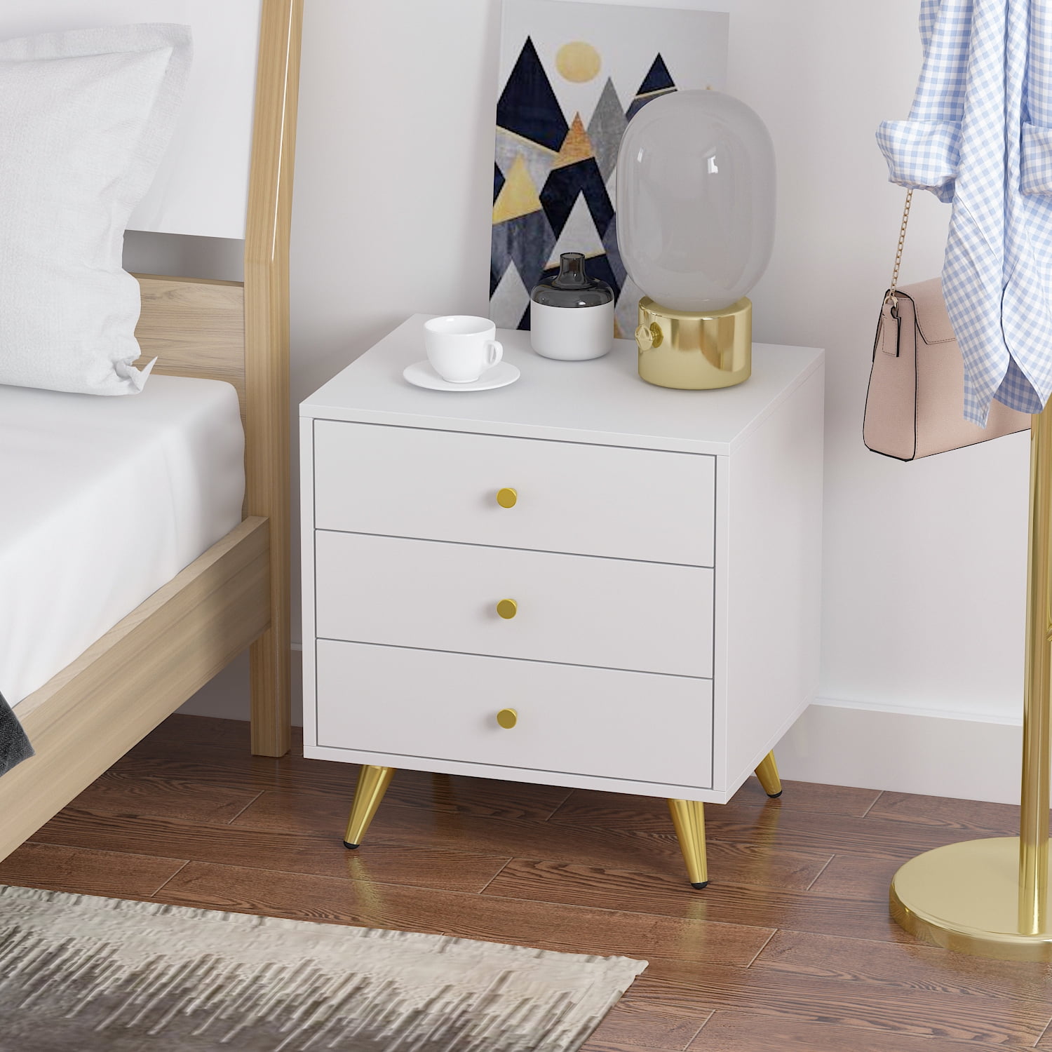 Wooden Storage Table for Bedroom, White 3 Drawers ,Nightstand Side End ...